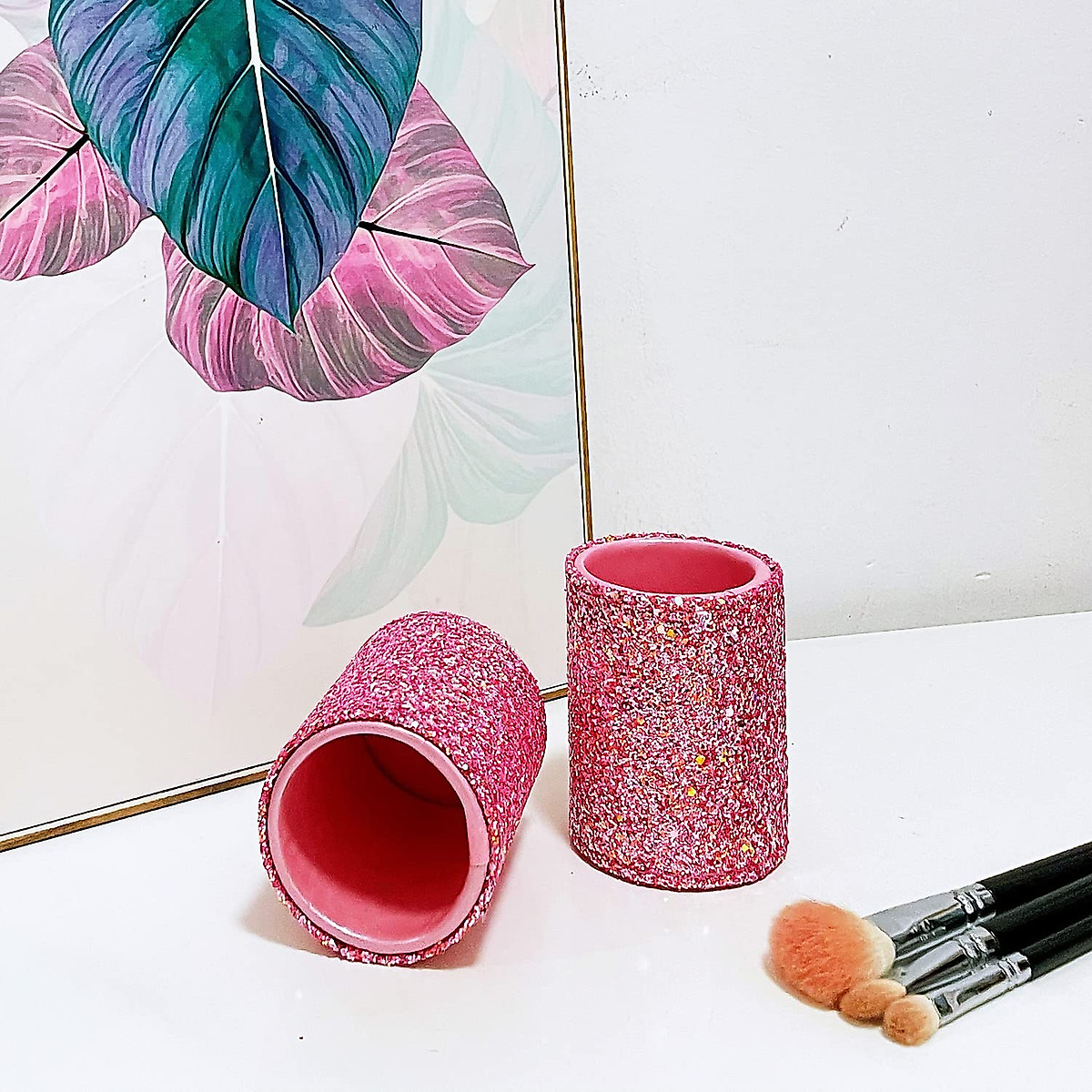 Bling Sequins Makeup Brush Holder, Cute Glitter Vanity Decor Organizer, Cosmetic Brushes Comb Pen Storage Holders Cup (Pink)