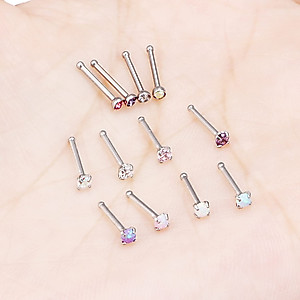 Uzgtvy 20G Nose Ring Stud Piercing Jewelry for Women 316L Stainless Surgical Steel Silver Opal Straight Hypoallergenic sensitive Nose Nostril Ring Pin Bone Bar Stud Body Piercing Jewelry Men 2mm 7mm