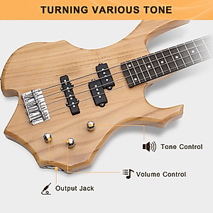 GLARRY Electric Bass Guitar 4 Strings Buring Fire Style Full Size for Beginner Right Hand with Bag, Strap and Accessories (Burlywood)