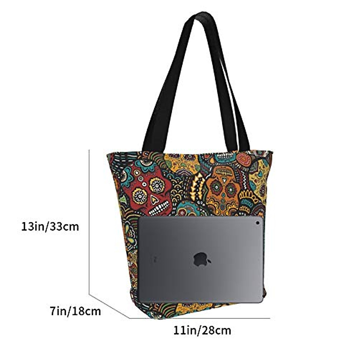 antcreptson Mexican Sugar Skulls Canvas Tote Bag Large Women Casual Shoulder Bag Handbag, Watercolor Sunflower Reusable Multipurpose Heavy Duty Shopping Grocery Cotton Bag for Outdoors.