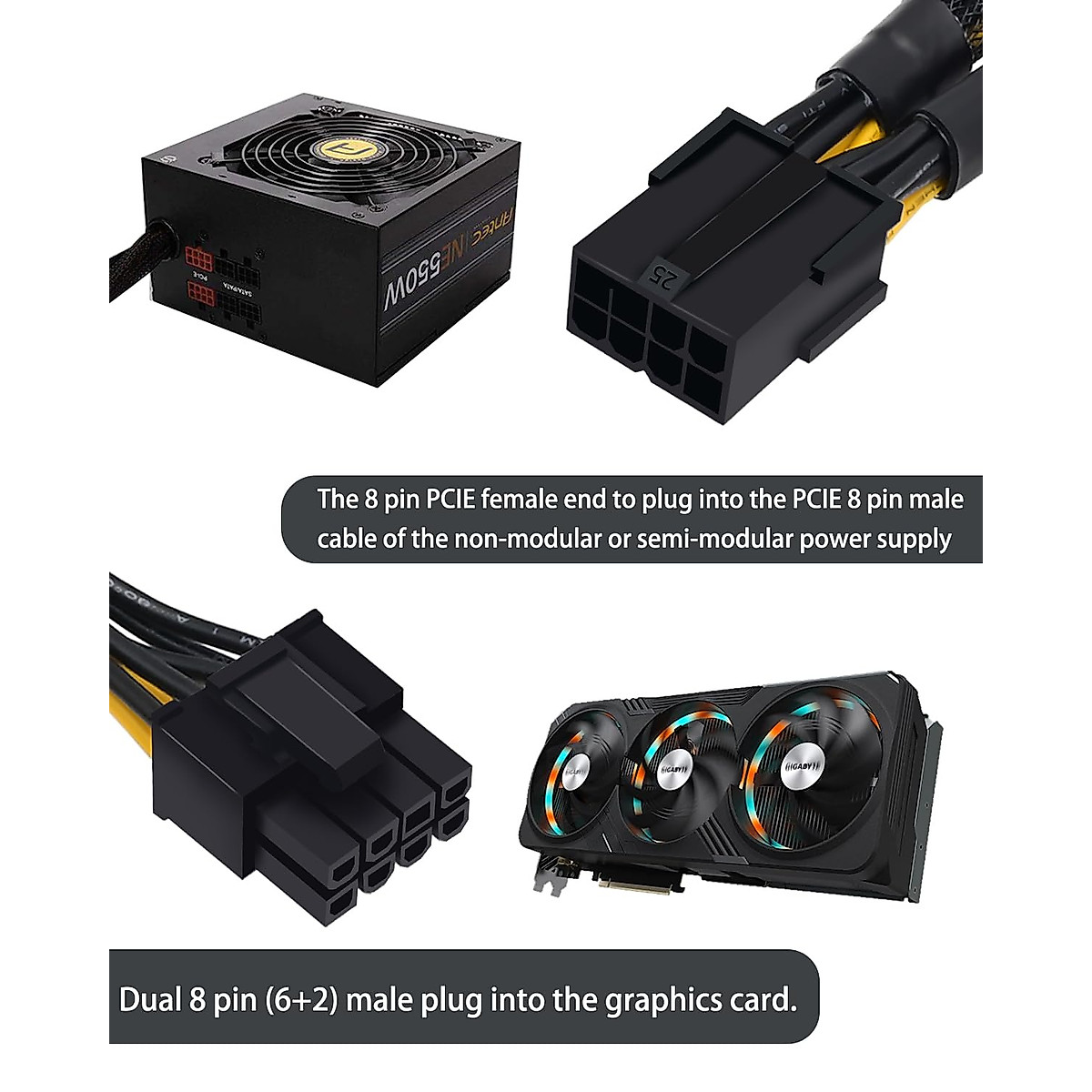 COMeap 8 Pin PCIe Splitter Cable, GPU VGA PCIe 8 Pin Female to 3X 8 Pin(6+2) Male PCI Express Adapter Extension for Bitcoin Ethereum Mining 11.4-inch(29cm)