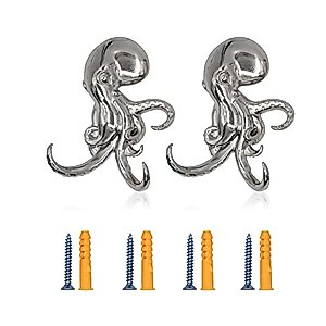 ALIWINER Octopus Metal Hooks Hanging Wall Mounted Decorative Hook,Towel Hooks Decorative Octopus Hook Ocean Theme Wall Decor 2Pcs