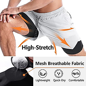 Aolesy Men’s 2 in 1 Running Shorts 5 Inch Workout Gym Athletic Shorts for Men Quick Dry Lightweight Training Shorts with Pockets White