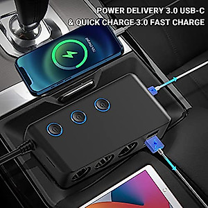 Car Charger Splitter 200W, Qidoe 3 Socket Cigarette Lighter Adapter with PD20W USB-C & QC3.0 Multi USB Car Charger 12V/24V DC Outlet Cigarette Splitter Power Switches Voltmeter for GPS Dash Cam Phone