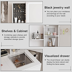 Fameill White Vanity Desk with Mirror and Lights,Makeup Vanity Table Set with Power Strip and Sliding Locker,Visual Drawer Makeup Desk with 5 Drawers&Shelves&Cabinet,3 Lighting Modes