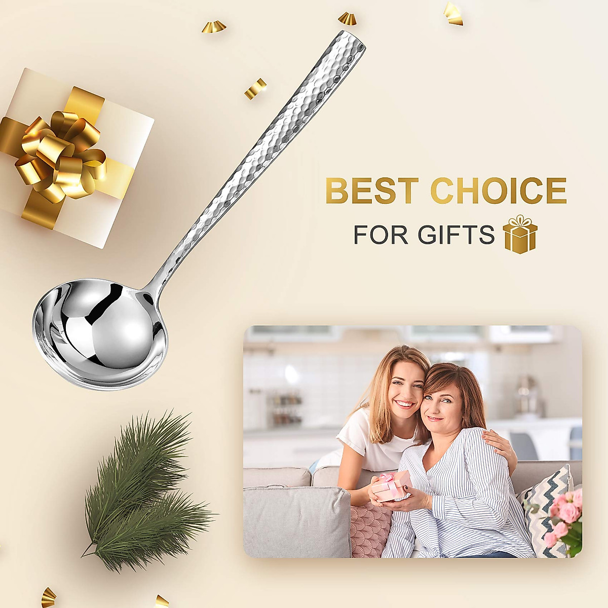 KEAWELL Unique 7.5 inch Small Hammered Sauce ladle, 1 oz. 18/10 Stainless Steel Gravy Soup Ladle. Solid and Sturdy, Dishwasher Safe (2)