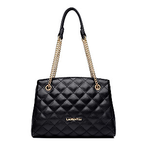 LAORENTOU Cowhide Shoulder Bag for Women Leather Quilted Purses Lady Handbag With Chain Strap