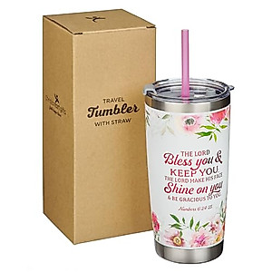 Christian Art Gifts Stainless Steel Double-Wall Vacuum Insulated Tumbler w/Straw & Lid 18 oz Pink Floral Inspirational Bible Verse Travel Mug for Women- Bless You and Keep You -Numbers 6:24-25