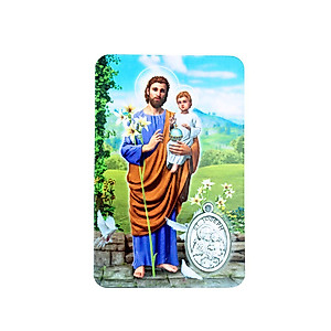 VILLAGE GIFT IMPORTERS Holy Figure Prayer Card with Medal | Saint Prayer and Medal | Italian prayer cards with medals 24 style to choose from (St. Joseph)
