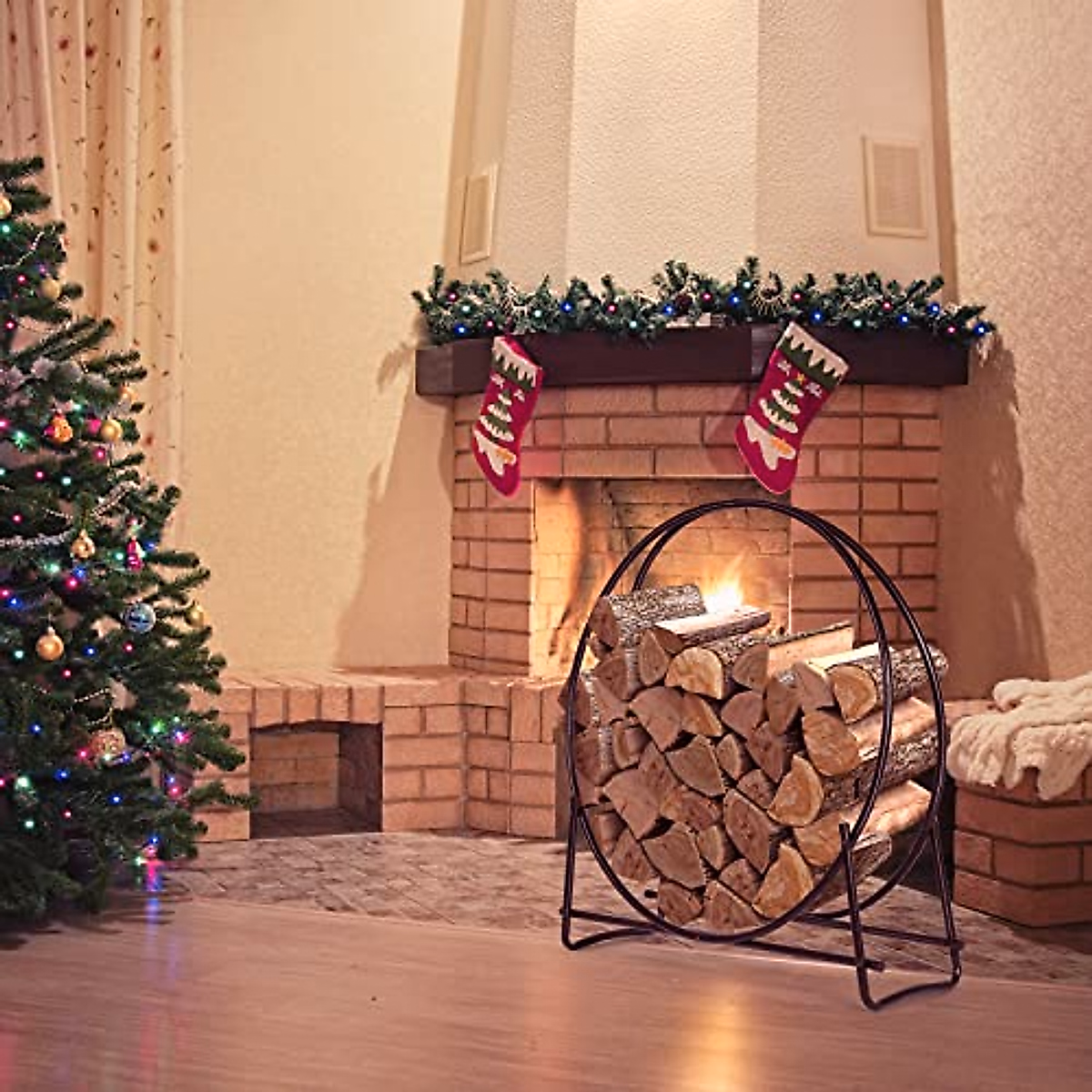 Happytools Firewood Rack, 40 Inch Heavy Duty Tubular Steel Round Log Hoop for Indoor and Outdoor, Black Wood Storage Holder for Fireplace, Fire Pit, Patio, Deck, Porch