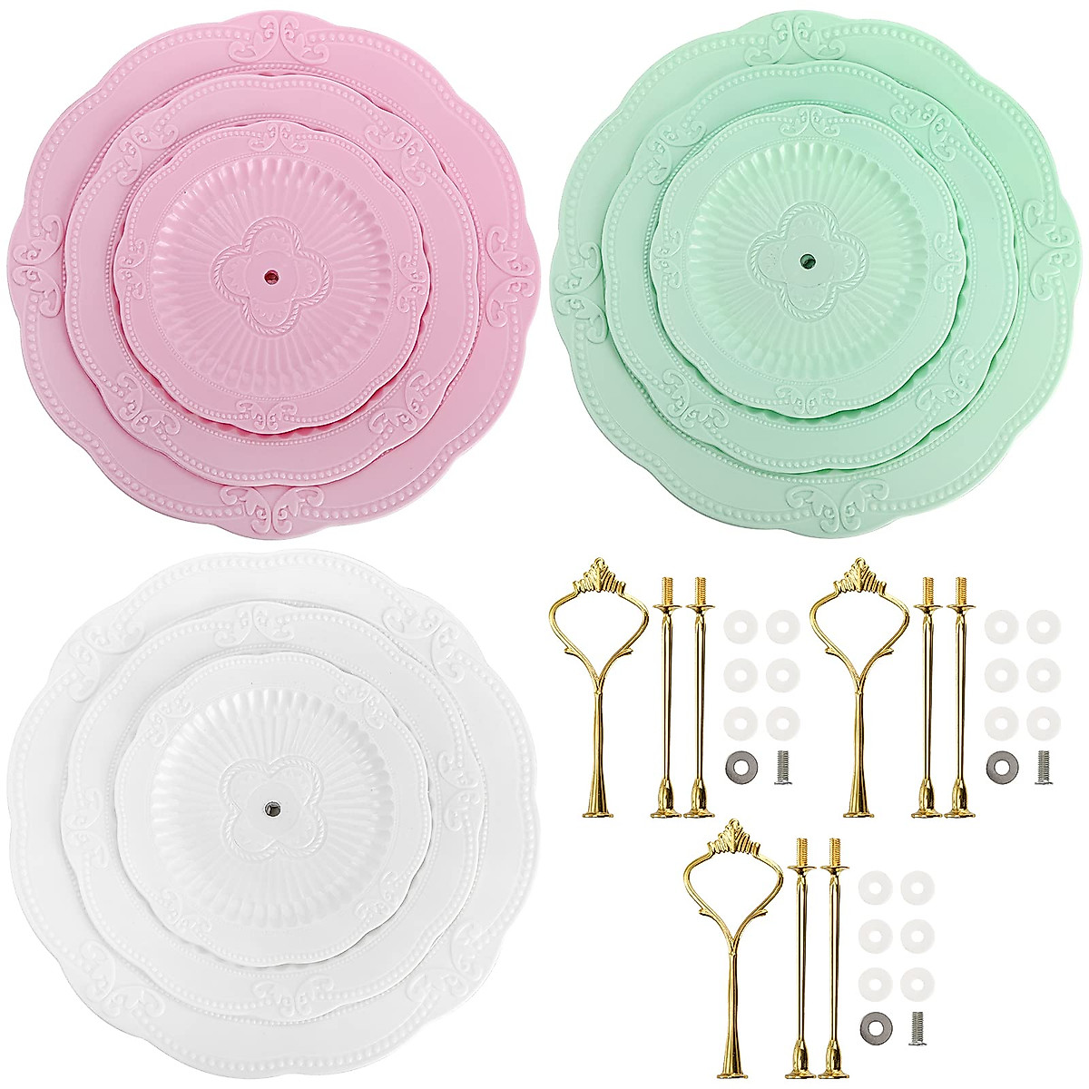 Dicunoy 3 Pack Plastic Cupcake Stands, 3 Tiered Dessert Trays for Display, Embossed Serving Plate Tower Holder, Tea Party Tray for Fruits, Snack, Candy, Buffet, Parties, Wedding, Birthday, Christmas