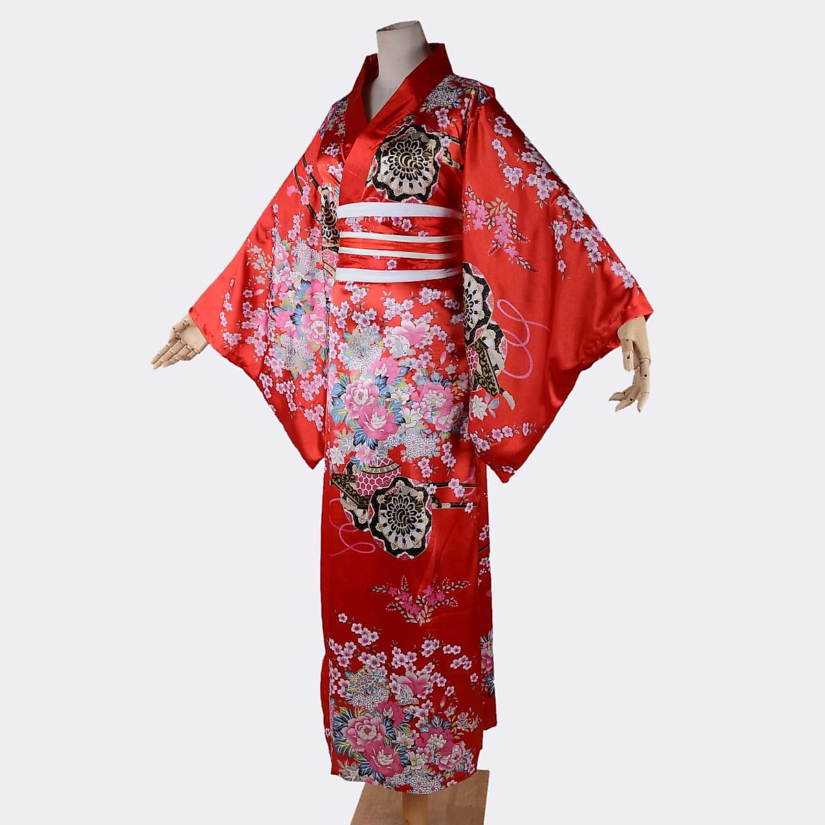 Women Japanese Kimono Robe Sweet Floral Patten Japanese Kimono Cosplay Dress Outfit Women Silk Satin Bathrobe Sleepwear (Long Kimono Red)