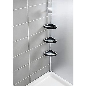 WENKO Tension Corner Shower Caddy 3 Pole and Baskets für Shampoo, Conditioner, Soap with Hooks for Razors, Towels, Blue
