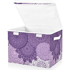 Kigai Purple Mandala Boho Storage Bin, Storage Baskets with Lids Large Organizer Collapsible Storage Bins Cube for Bedroom, Shelves, Closet, Home, Office 16.5 X 12.6 X 11.8 Inch