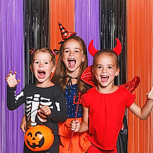 Ohiyoo Halloween Foil Fringe Curtains 3 Pack 3.3 X 6.6 ft Black Purple Orange Fringe Curtains Halloween Party Photo Backdrop Streamer Backdrop for Birthday Halloween Party Decoration (Style B)