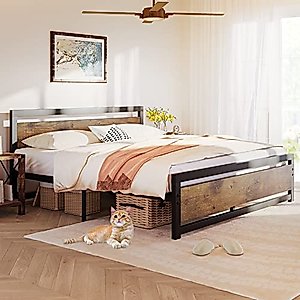 IDEALHOUSE Queen Size Bed Frame with Wooden Headboard and Footboard, Metal Queen Bed Platform No Box Spring Needed, 14 inch Easy to Assemble Noise Free Queen Bed Frame, Rustic Brown