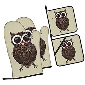 Jatcre Cute Owl Oven Mitts and Pot Holders Sets Coffee Printed Oven Gloves and Hot Pads Heat Resistant Potholder Gloves Oven Mitt 4 Piece Set for Kitchen Cooking Baking Grilling