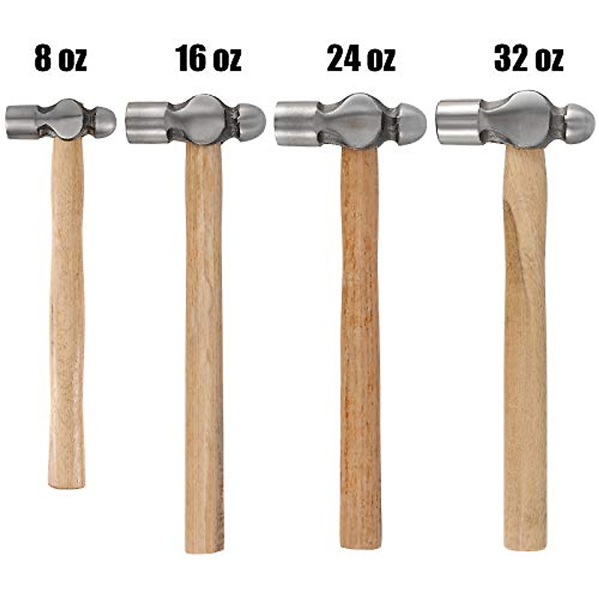 ZEONHAK 4 PCS Ball Peen Hammer, 8 OZ,16 OZ, 24 OZ, 32 OZ Ball Peen Hammer Set with Wooden Handle and Shock Reduction Grip for Metal Rivetc
