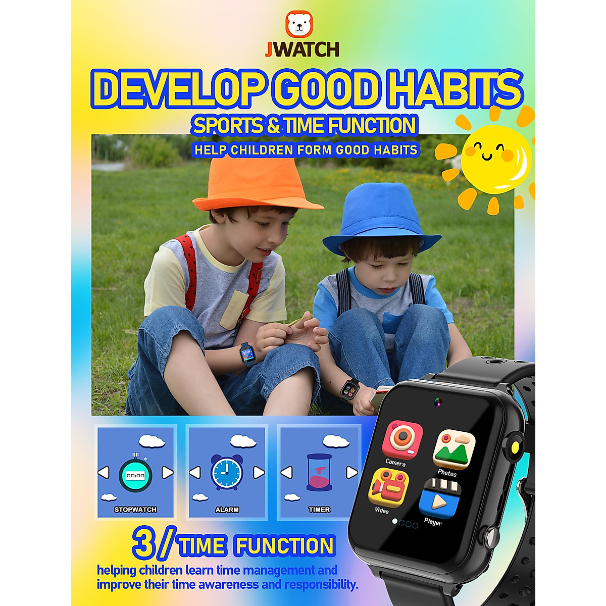 Jwatch Kids Smart Watch Phone Sos with 10 Stories 24 Puzzle Games Pedometer Boys Girls Gift for Birthday Christmas （Black）