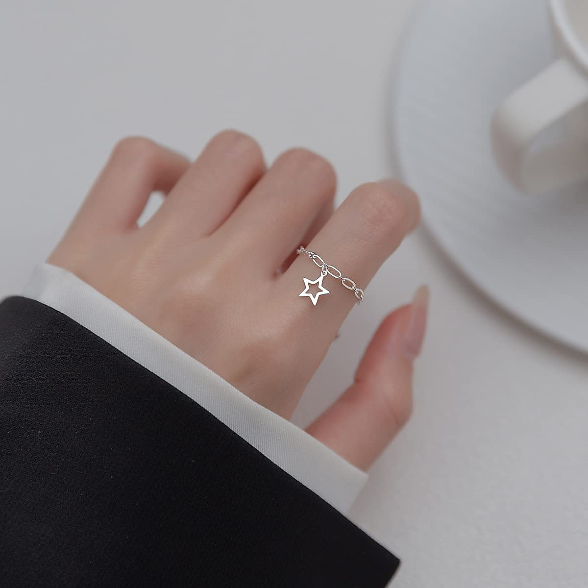 Dangle Star Link Chain Sterling Silver 925 Statement Rings for Women Girls Adjustable with Dangling Ball Minimalist Lucky Star Engagement Promise Ring Eternity Wedding Bands Finger Band