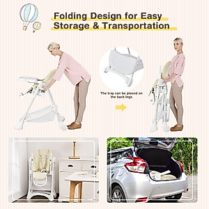 BABY JOY High Chair for Babies & Toddlers, Quick Folding Baby Highchair w/ 2 Lockable Wheels, Large Storage Basket, Removable Double Trays, Detachable PU, Adjustable Height,Backrest & Footrest (Gray)