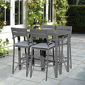 Soleil Jardin Outdoor Aluminum 5-Piece Bar Set, Dining Bistro Pub Set, Patio Bar Height Chairs with Cushion & Slatted High Top Table for Backyard Garden Pool, Dark Grey