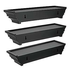 Kiera Grace Madison Classic Crown Molding Floating Wall Shelves, Robust Engineered Wood, Easy Assembly, Ideal for Home Decor, 16", Black, Set of 3