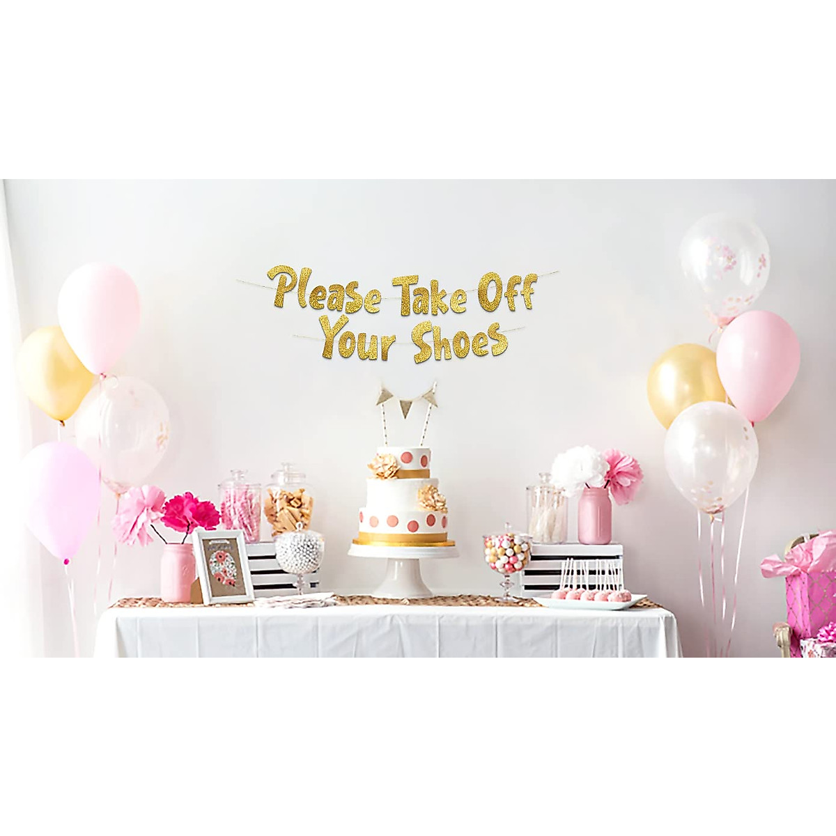 Please Take Your Shoes Off Gold Glitter Banner - Funny Birthday Housewarming Party Decorations for 21st 30th 40th 50th 60th - Retirement Party Supplies