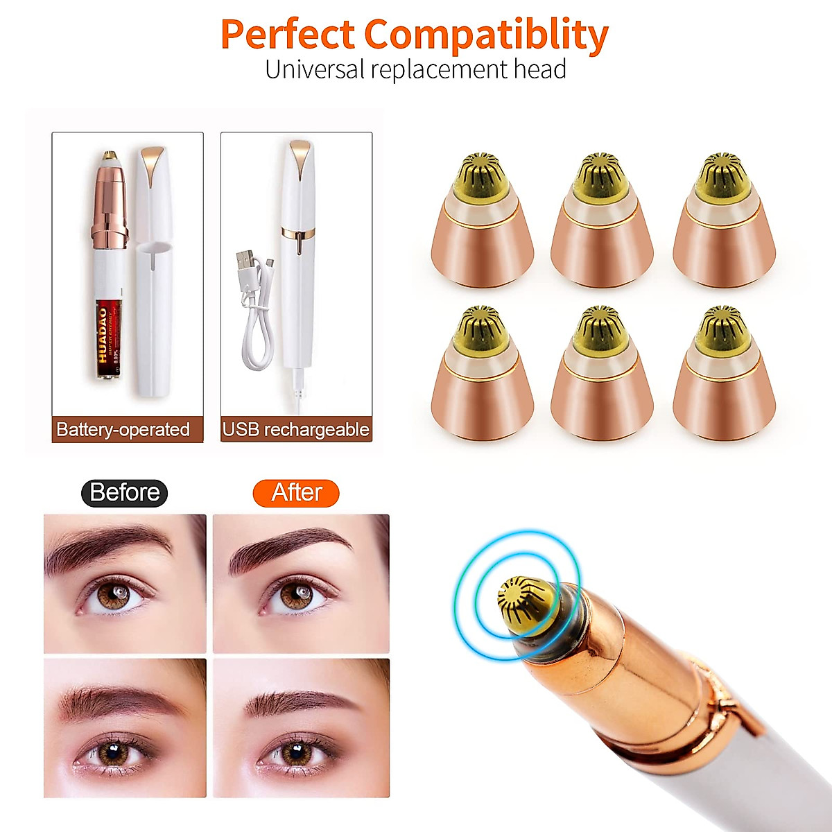 Flawless-Replacement Heads, Compatible with Finishing Touch Flawless Eyebrow Hair Remover Tool As Seen On TV, Perfect Touch and Smooth Finishing, Rose Gold (6Pcs), with Cleaning Brush & Case Storage
