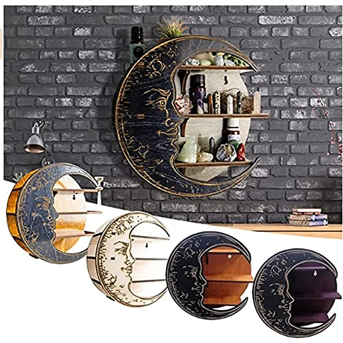 Moon Crystal Storage Rack Wall Mount Decorative 10x10 Inch, Wooden Floating Shelf Swing Mount Living Room Bedroom Bathroom Kitchen, Wood Crescent-Oil Rack,Black