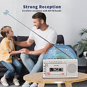 Portable Cassette Player Recorder, Cassette to MP3 Digital Converter via USB or Micro SD Card, Powered by AC or 4 AA Battery AM FM Radio Tape Walkman, Build-in Speaker and Microphone
