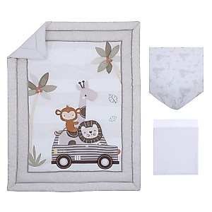 NoJo Little Love Jungle Ride Grey, White and Tan, Monkey, Giraffe and Lion 3 Piece Nursery Crib Bedding Set - Comforter, Fitted Crib Sheet, and Crib Skirt