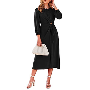 PRETTYGARDEN Women's 2024 Satin Maxi Dress Puff Long Sleeve Crewneck Cutout Casual A-line Long Flowy Dresses (Black,Large)