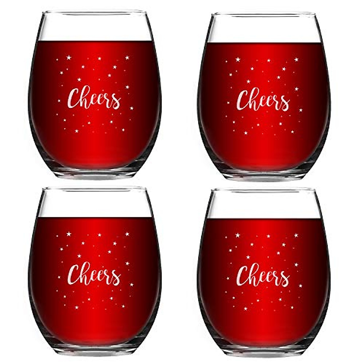 Christmas Gifts - Set of 4 Cheers Christmas Wine Glasses with White Stars, Christmas Wine Glasses for Home Xmas Festival Party Holiday Celebration Decoration, Ideal for Women Friends Men Family 15 Oz