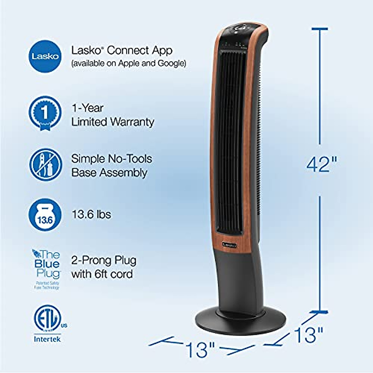 Lasko Wind Curve Electric Oscillating Tower Fan with Bluetooth Technology for Indoor, Bedroom and Home Office Use, 42", Woodgrain T42905