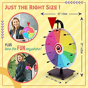 Prize Wheel Spinner Board Game - 12" Spin Wheel for Prizes with Stand, Slots 12, 6, 4 Color & White Spinning Wheels, Custom Logo Personalize Printable Self Adhesive Sheets, Dry Erase Pen, Eraser, Bag