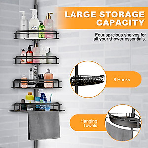 Yaltar Corner Shower Caddy, 4 Rustproof Corner Shower Shelves w/Tension Pole, for Bathtub Shampoo Storage, 30-111 Inch Adjustable
