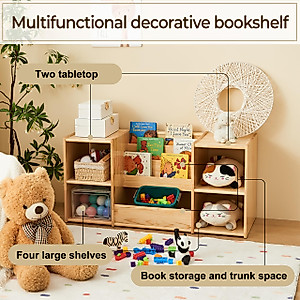 F3C | Montessori Bookshelf and Toy Storage | 3-Section Kids Bookshelf for Organizing Books | 2-Shelf Toy Organizers and Storage Cabinet | Natural Wood Bookcase with Storage | Kids Organizer