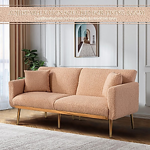 Convertible Futon Sofa Bed, Upholstered Loveseat Sleeper Couch with 3 Reclining Angles and 2 Pillows, Modern Living Room Sofa Couch with 5 Solid Metal Legs for Guest Room, Office, Camel Teddy