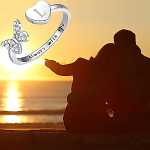 LOVPEPY Initial Letter Ring for Women, Silver Stackable Heart Butterfly Alphabet Rings with Initial Adjustable Crystal Inlaid Rings Bridesmaid Gift (B)