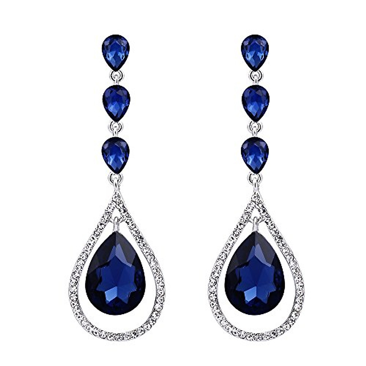 EVER FAITH Austrian Crystal Bridal Hollow-out Teardrop Pierced Dangle Earrings Blue Silver-Tone