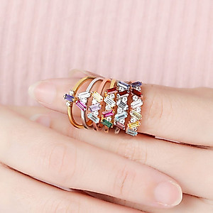 AILIN Custom Rectangular Birthstone Rings For Women 925 Sterling Silver Cubic Zirconia Stackable Statement Rings Personalized 1-6 Stones Anniversary Rings For Mom Family Gifts For Grandmother Mother