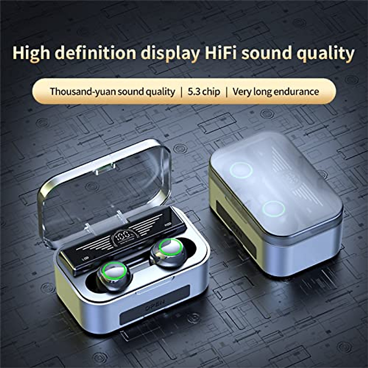Gecau Digital Display Bluetooth 5.3 Earbuds, Touch-Control TWS-Headphones, with LED Smart Screen Display, 1200mAh, Low Latency, for Sports Working Music