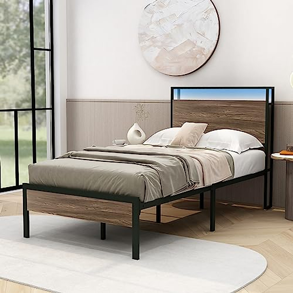 NNV Industrial Twin Size Bed Frame with Headboard Stoarge, Metal Platform Bed Frame with LED Lights and USB Ports, Sturdy and No Noise Easy Installation No Box Spring Needed, Grey