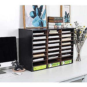 TQVAI Wood Adjustable Literature Organizer Desktop File Sorter Mail Center Paper Storage Cabinet Home & Office Mailbox School Classroom Keepers, 27 Slots Compartments, Black/Archaize