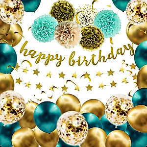 Teal Gold Birthday Decorations for Women Girls,Happy Birthday Banner,Paper Pompoms,Teal Gold Balloons,Hanging Swirl,Star String,suit for 13th 15th 16th 18th 20th 30th 40th 50th Birthday party