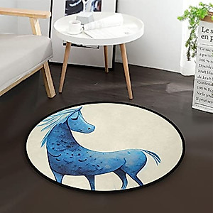 Vnurnrn Abstract Blue Horse Round Area Rug, Non Slip Indoor Throw Area Rug, Washable Circle Carpet Floor Mat for Living Room, Door Mat Entryway, Bedroom, Sofa, 3 Ft