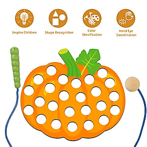 6 Pcs Lacing Toy Toddlers, Vegetable Wooden Threading Toys, Educational and Learning Montessori Activity Baby and Kids, Fine Motor Skill Toys, Pumpkin, Corn, Tomato, Eggplant, Broccoli, Carrot