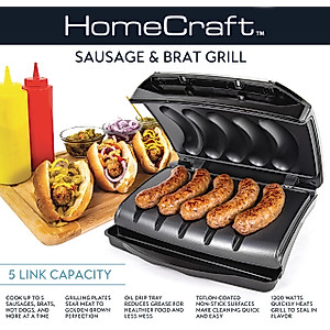 Homecraft Electric Sausage & Brat Grill with Oil Drip Tray, Carry Handle, and Cord Storage, up to 5 Links of Beef, Turkey, Chicken, Veggie Sausages, or Hot Dogs
