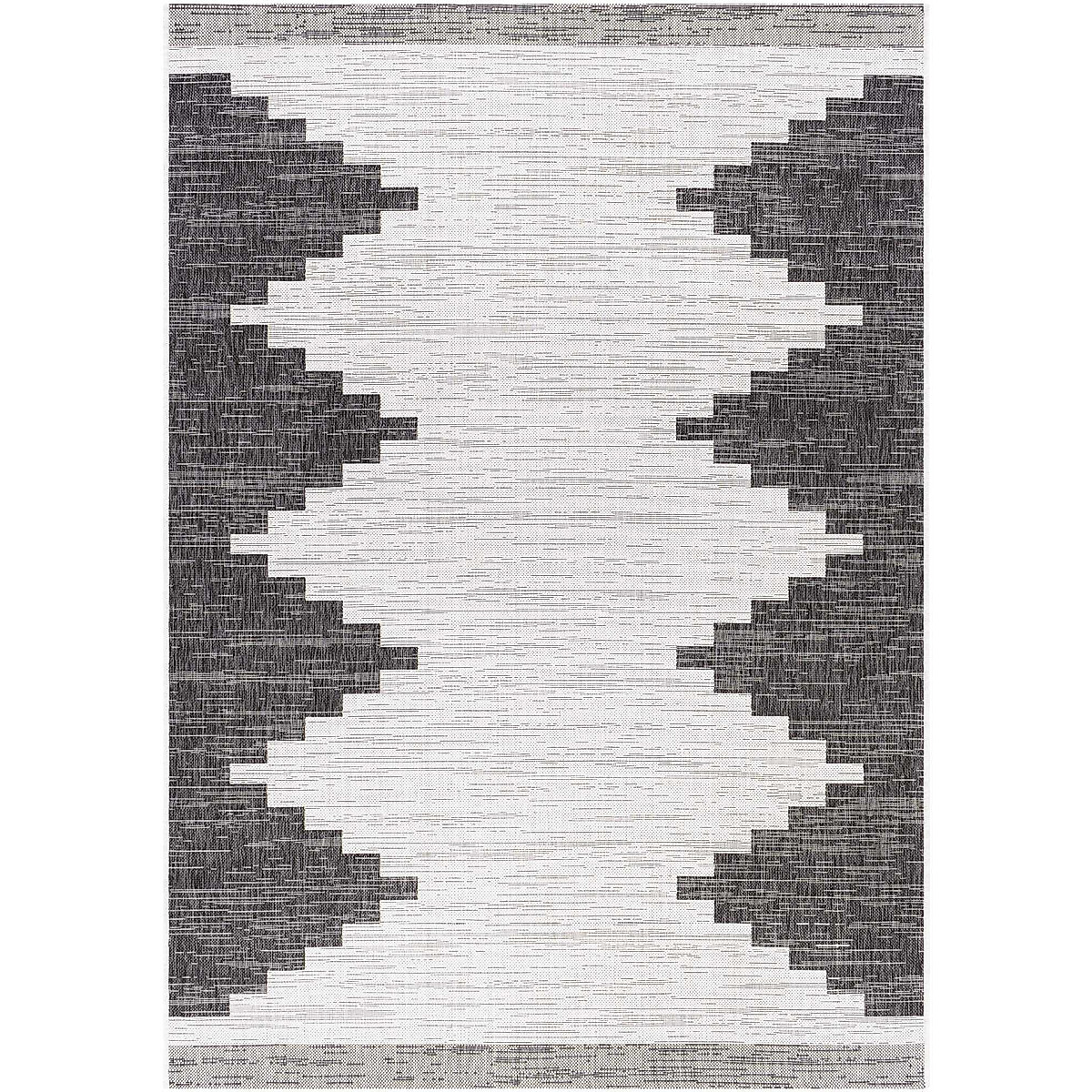 Hauteloom Djugun Outdoor Area Rug - Outside Porch Patio Rug Carpet - Waterproof Rug - Geometric - Black, Gray, Off White, White - 5'3" x 7'7"